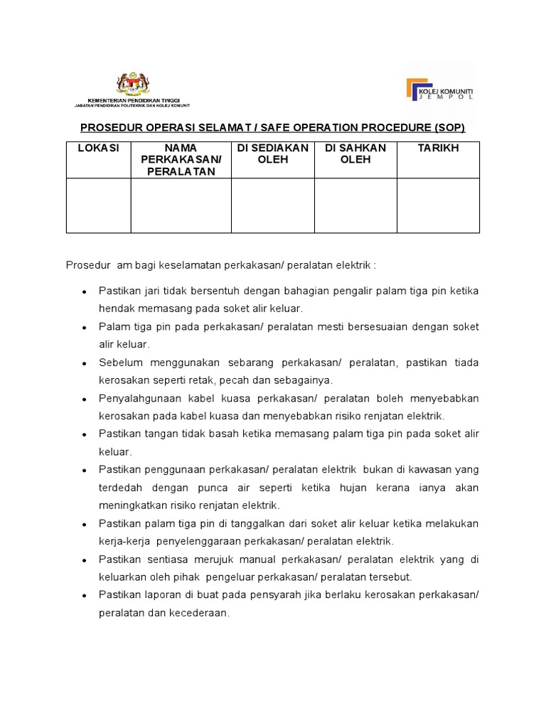 PROSEDUR OPERASI SELAMAT PERALATAN | PDF