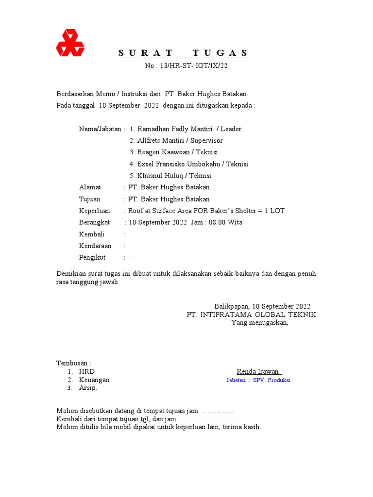 Surat Tugas PT. Baker Hughes | PDF