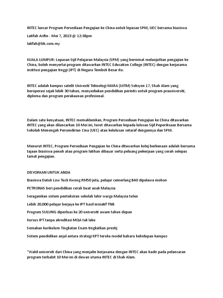 Program Persediaan Pengajian Ke China Untuk Lepasan SPM PDF | PDF