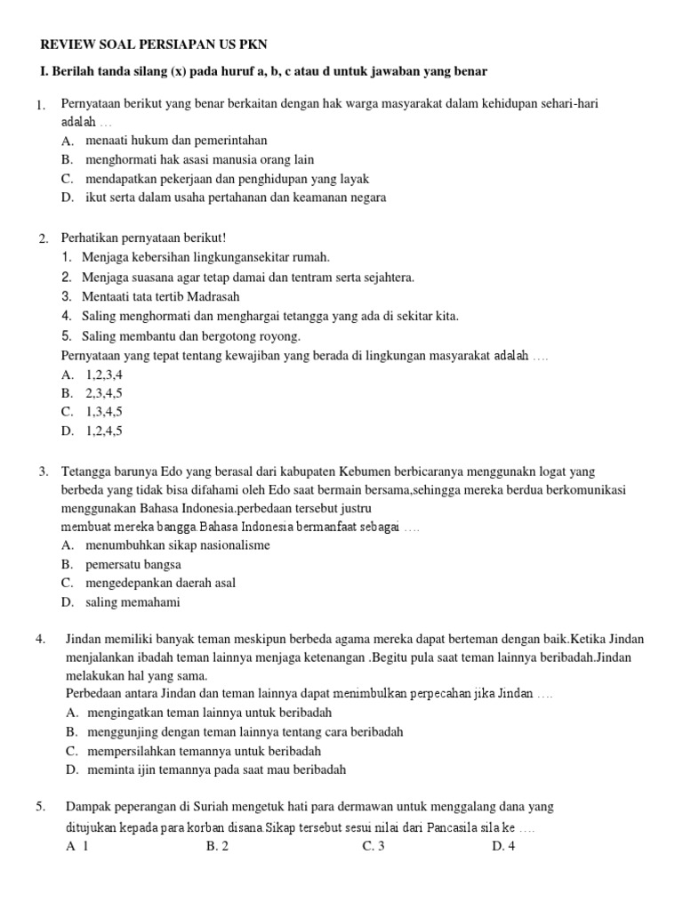Review Soal Persiapan Us PKN | PDF