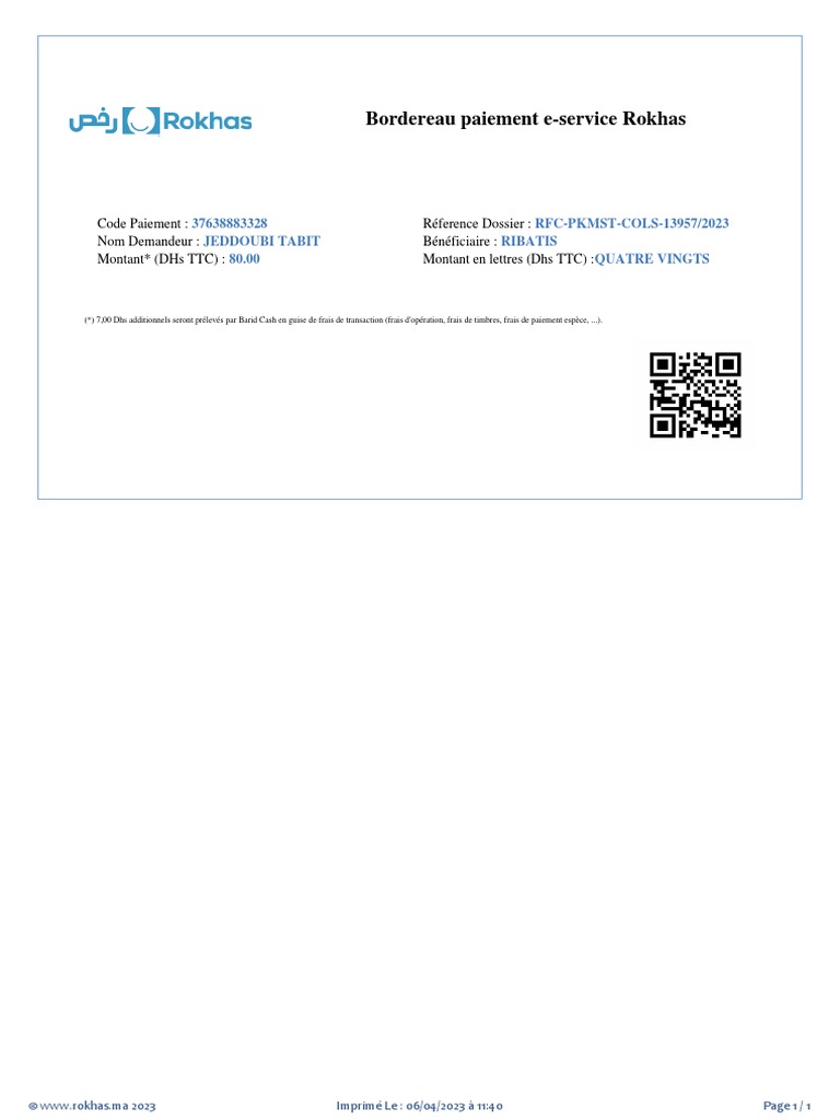 Bordereau Paiement E-Service Rokhas: 37638883328 RFC-PKMST-COLS-13957/ ...