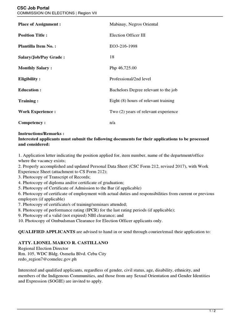 COMMISSION ON ELECTIONS-Election Officer III | PDF | Justice | Crime ...