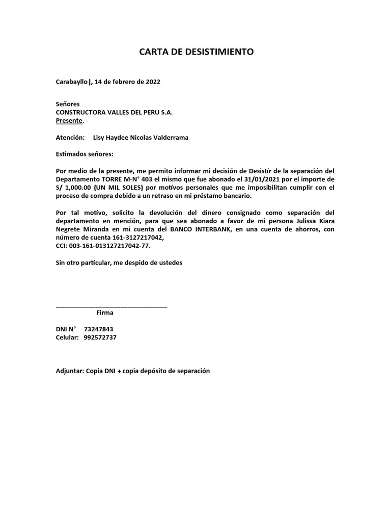 Carta de desistimiento de compra de departamento y solicitud de devolución de dinero de ...