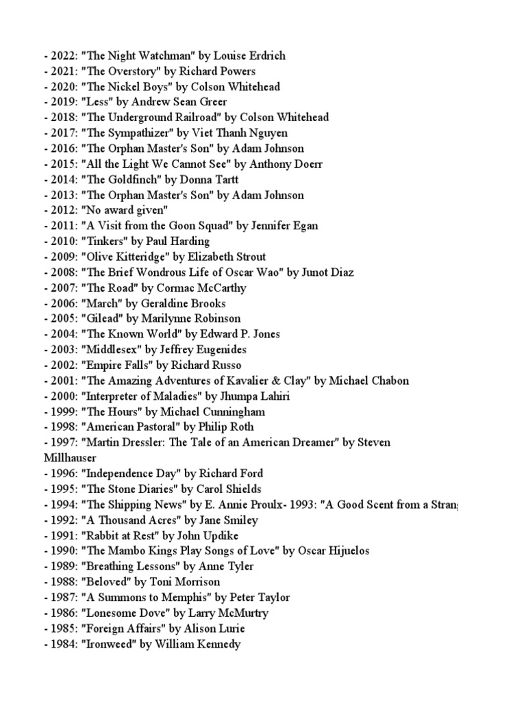 Pulitzer Prize Winners in Fiction 2000-2022 | PDF | Novels | American ...