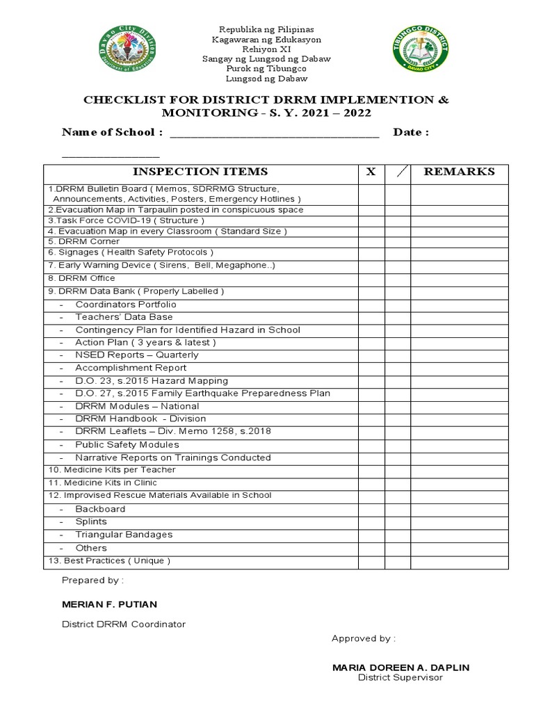DRRM Implementation Checklist 2021-2022 | PDF