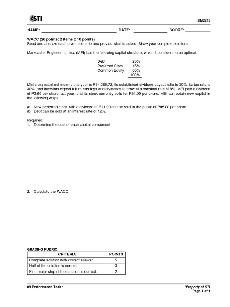 09 Performance Task Cost-of-Capital | PDF