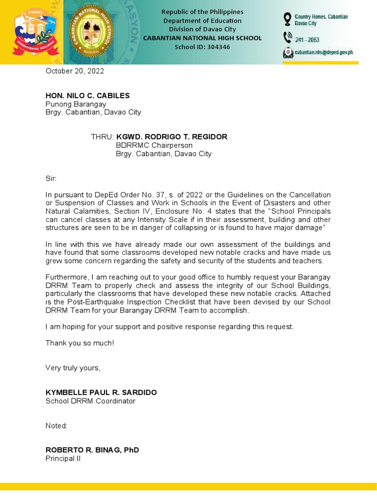 Bldg. Inspection and Assessment LETTER TO BRGY COUNCIL | PDF | Hazards ...