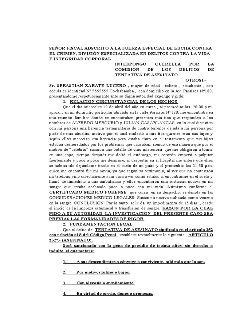 QUERELLA ASESINATO TENTATIVA PDF Derecho Penal Asesinato