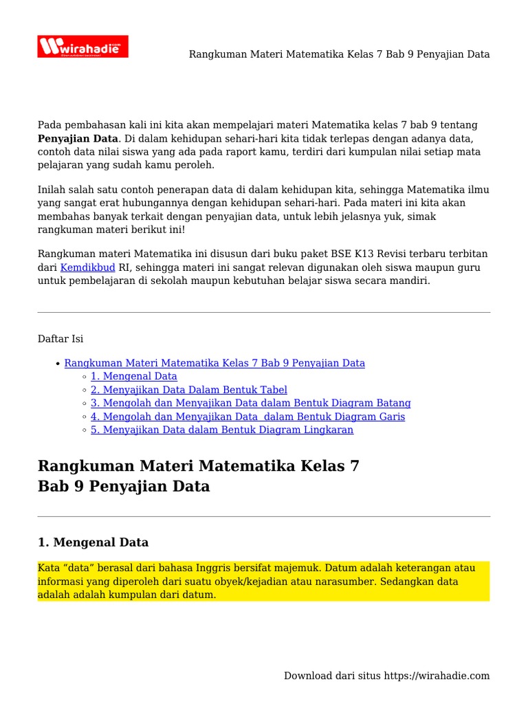 Rangkuman Materi Matematika Kelas 7 Bab 9 Penyajian Data | PDF | Metode & Bahan Ajar | Komputer
