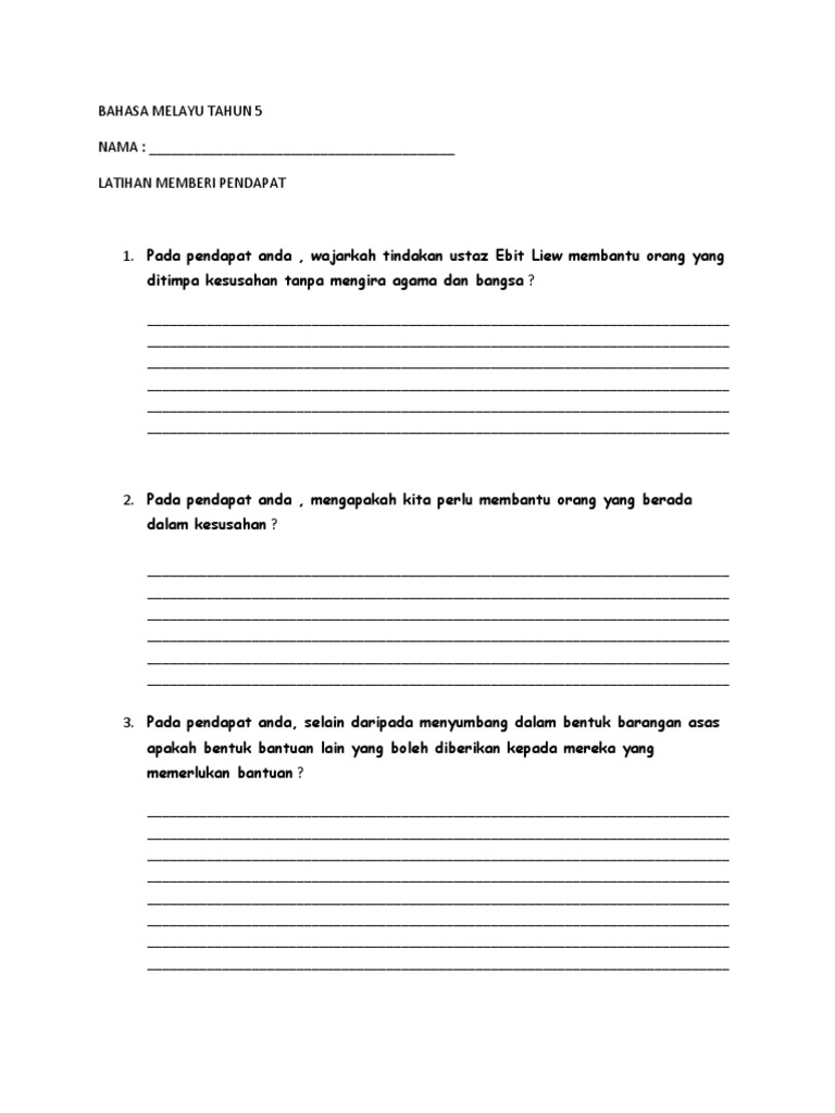 BAHASA MELAYU TAHUN 5 Latihan Memberi Pendapat 1 | PDF