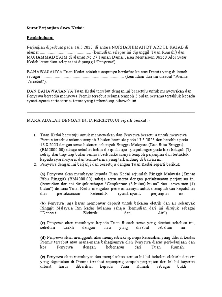 Perjanjian Sewa Kedai Rent Agreem | PDF
