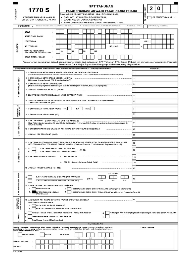 Formulir Excel SPT Tahunan PPH Orang Pribadi 1770 S | PDF