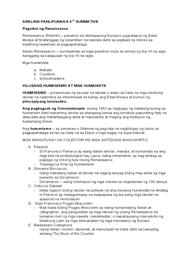 Araling Panlipunan 8 4TH Summative | PDF