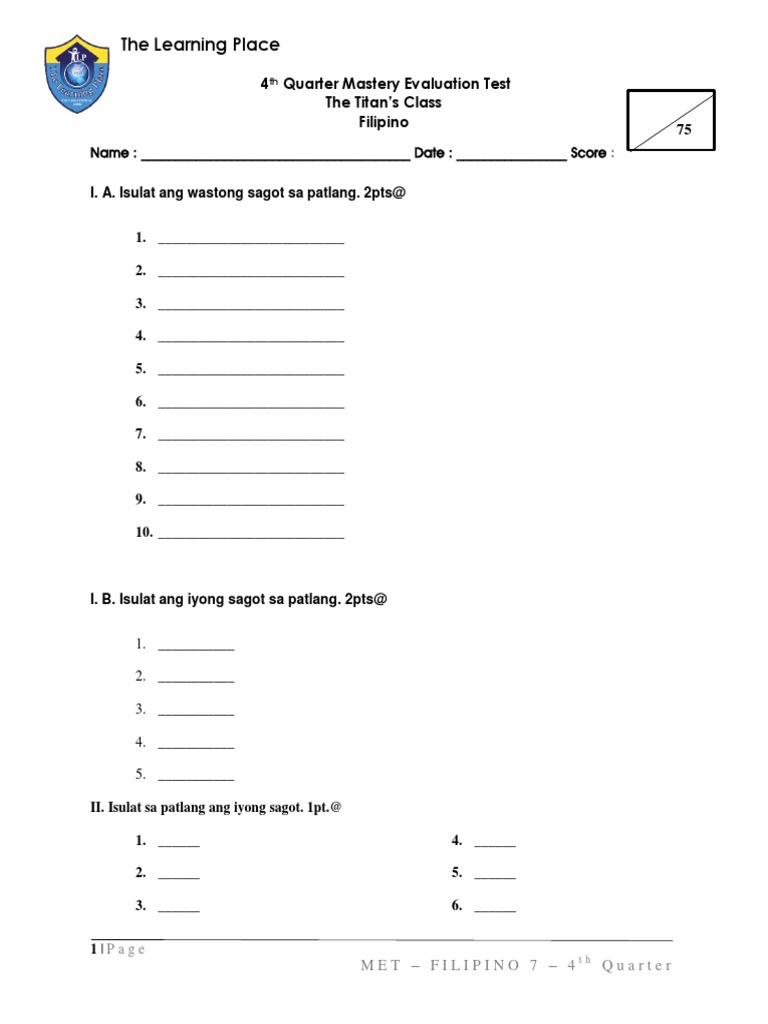 FILIPINO 7 - 4TH QTR MET-Answer Sheet | PDF