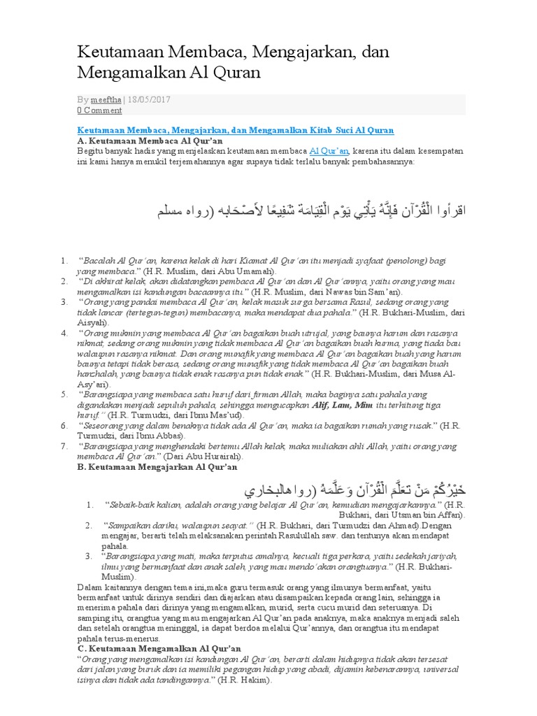 Keutamaan Membaca, Mengajarkan, Dan Mengamalkan Al Quran | PDF