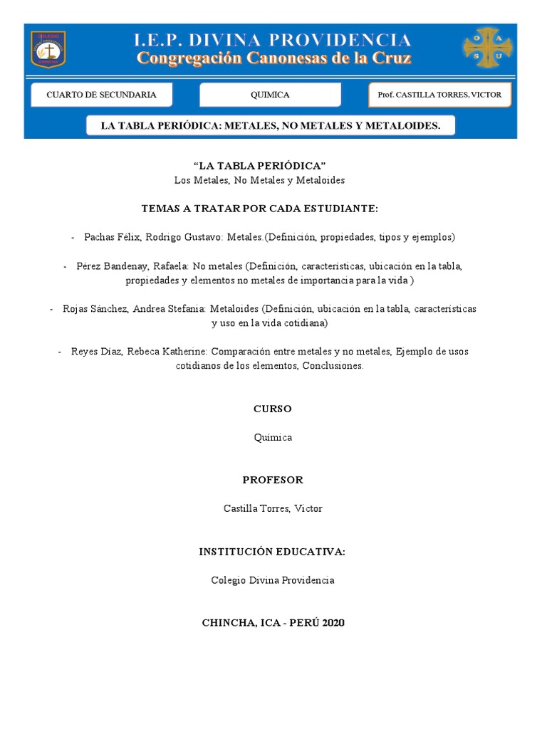 Ficha de Información - Metales, No Metales y Metaloides | PDF ...