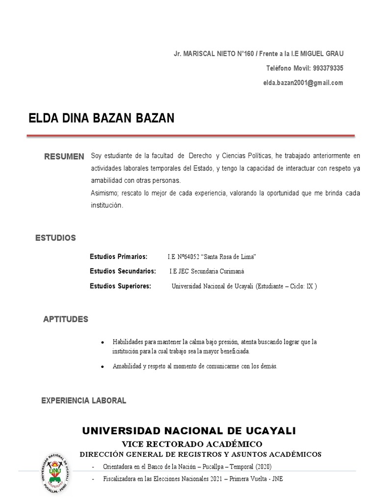 Elda Dina Bazan Bazan - CV Completo | PDF