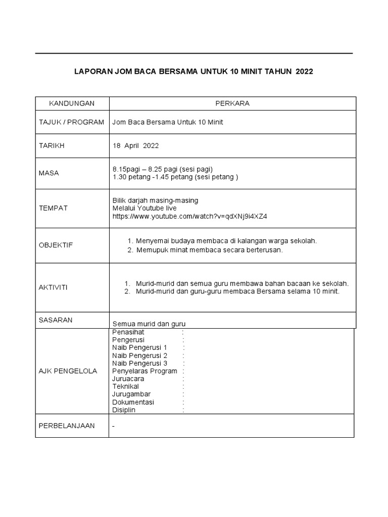 laporan jom membaca bersama up | PDF