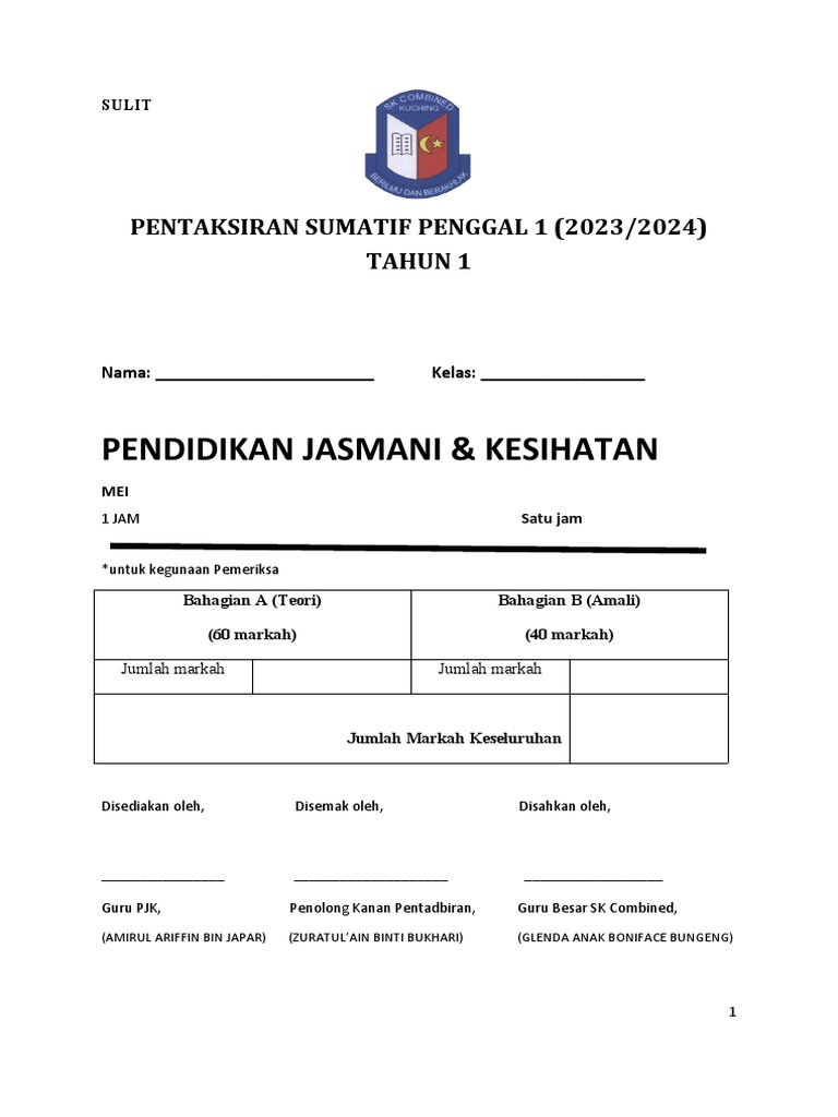 Pentaksiran Sumatif P1 PJK Tahun 1 | PDF