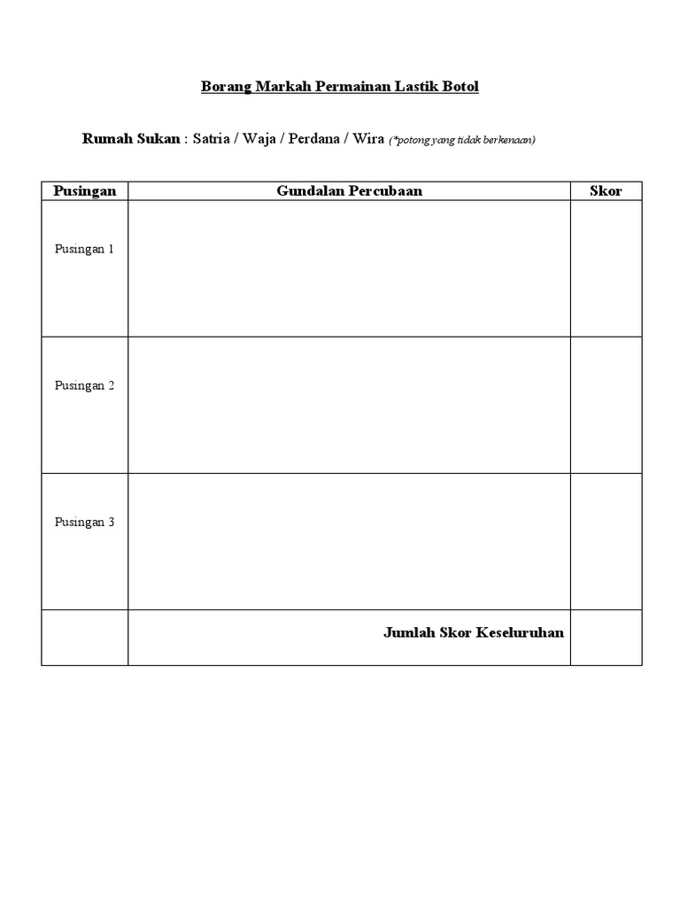 Borang Markah Permainan Lastik Botol | PDF