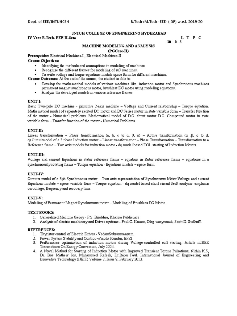 Modeling And Analysis Of Electrical Machines Developing Mathematical