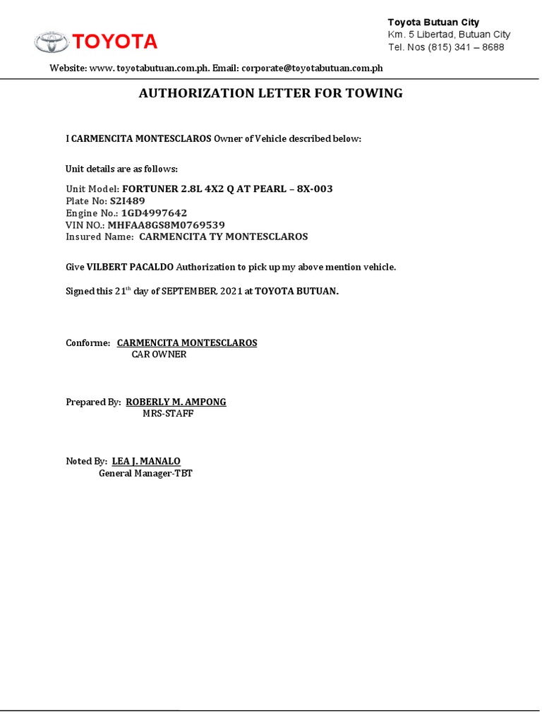 Toyota Butuan Towing Authorization Letter | PDF