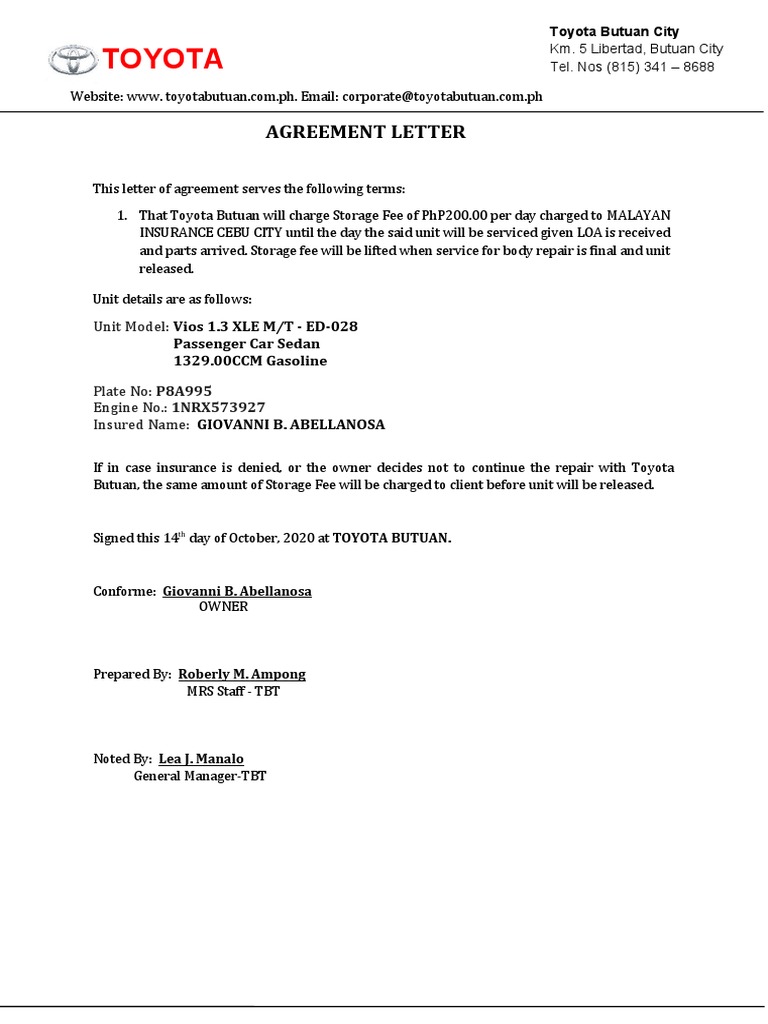 AGREEMENT LETTER FOR STORAGE FEE.docx | PDF