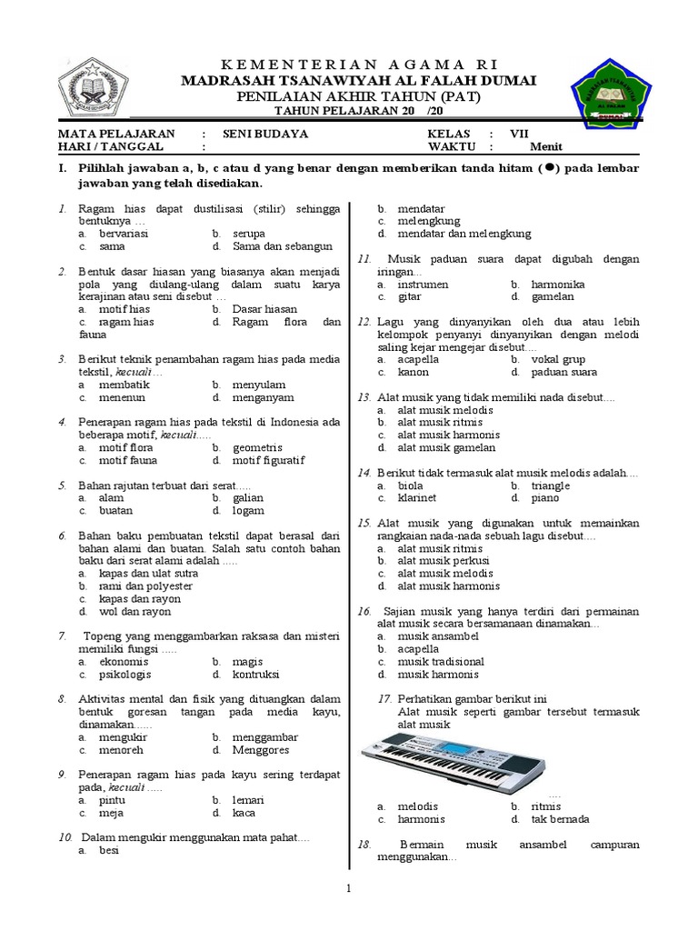 Soal Ujian Pat SBK 7 2022 | PDF | Seni