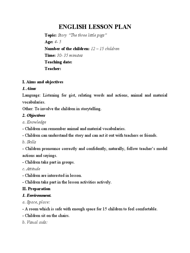 ENGLISH LESSON PLAN The Three Little Pigs | PDF | Lesson Plan | Vocabulary