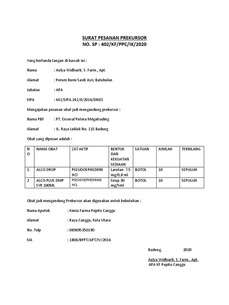 Pesanan Obat Prekursor Enseval | PDF