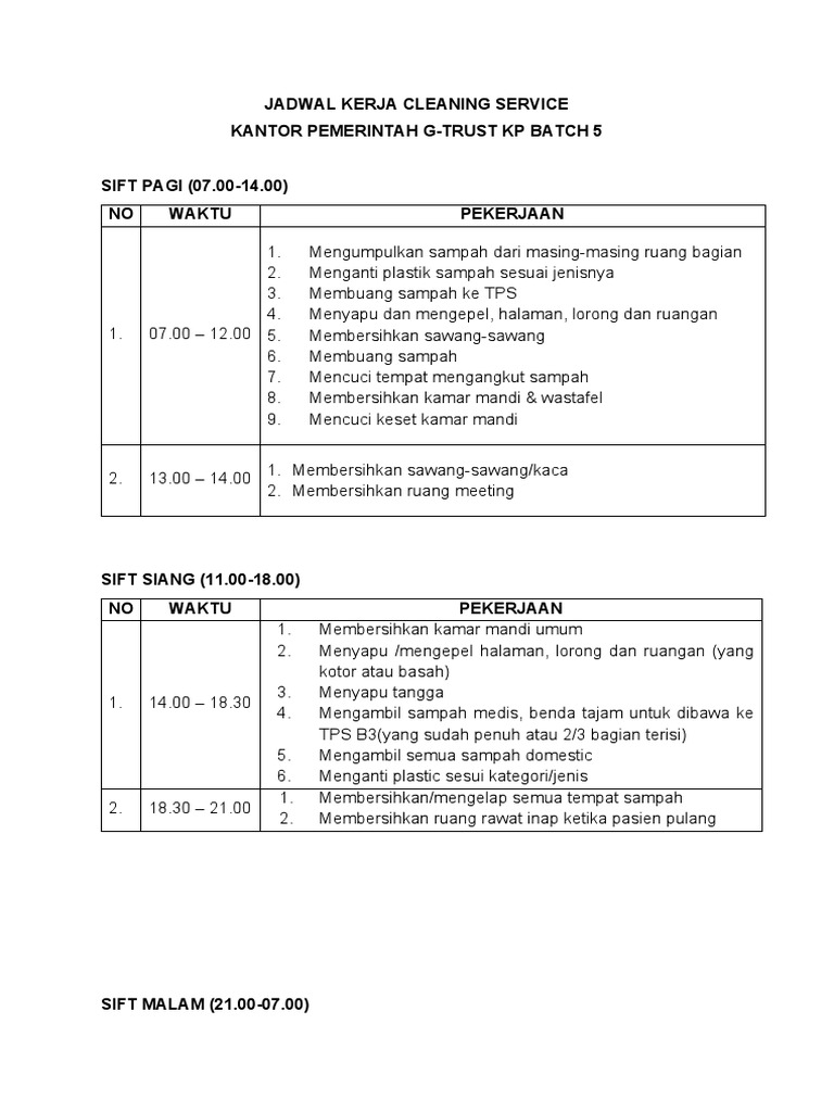 Jadwal Kerja Cleaning Service | PDF