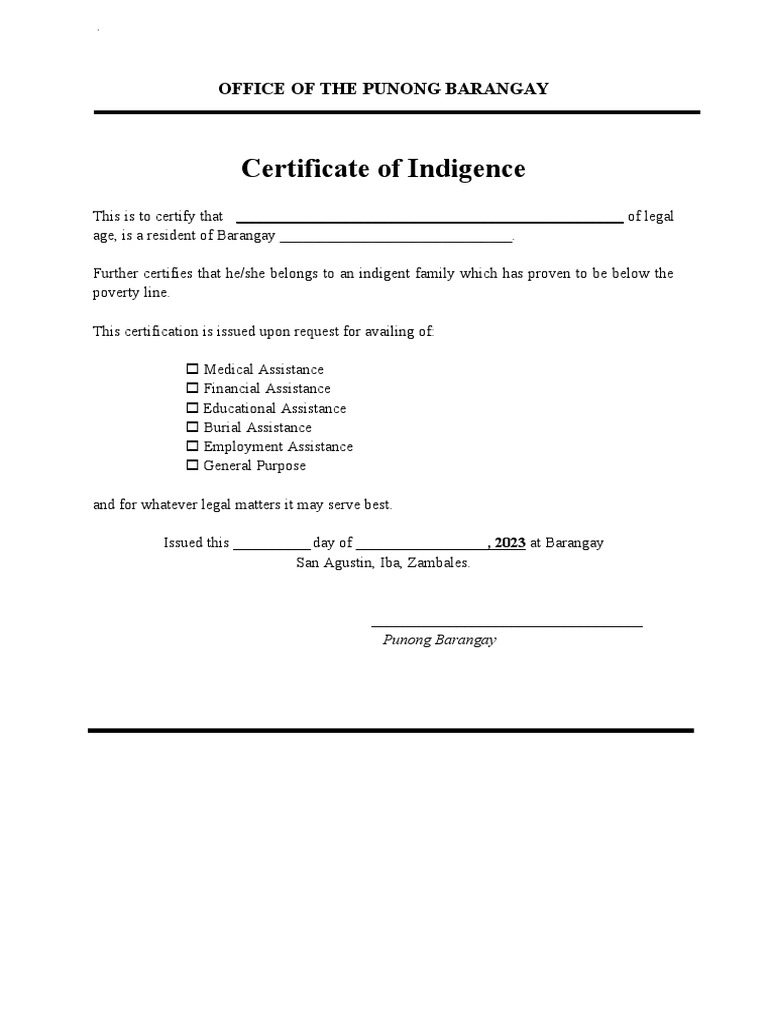 Barangay Certificate of Indigence | PDF | Finance & Money Management ...