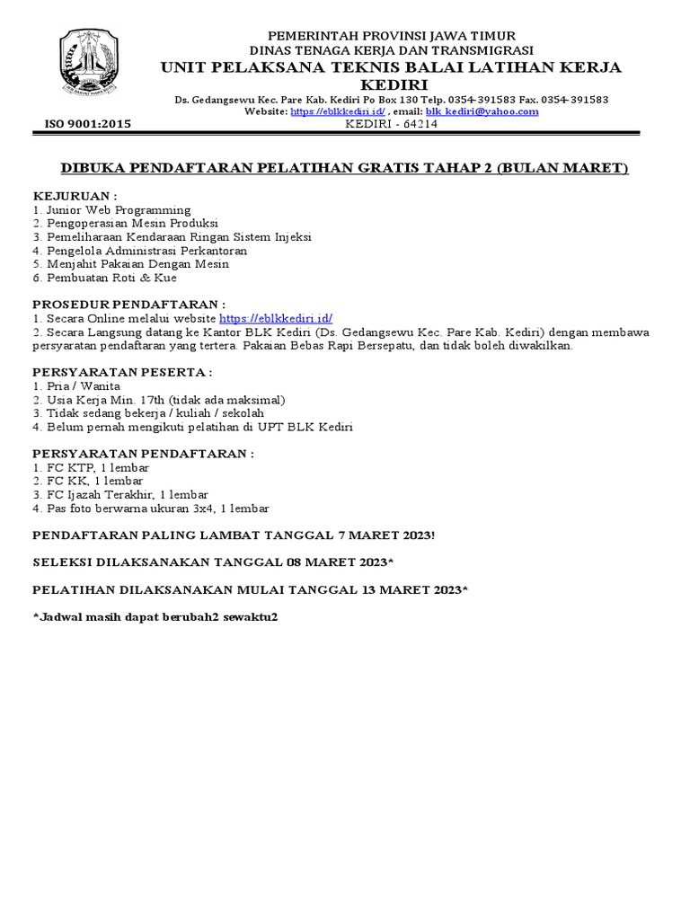 Pendaftaran Pelatihan BLK Kediri 2023 | PDF