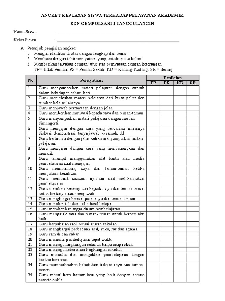 Angket Kepuasan Siswa SDN Gempolsari 1 | PDF