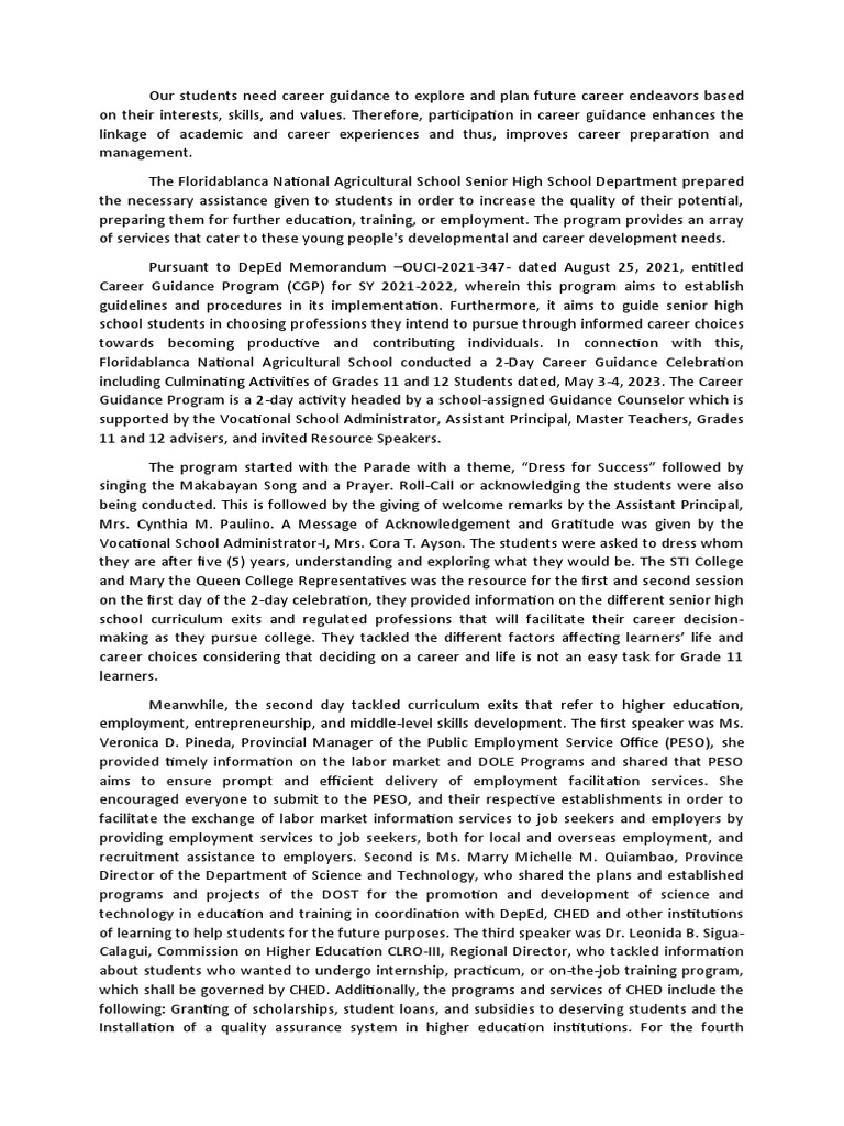 Narrative Report-Career Guidance Week.docx | PDF | Vocational Education
