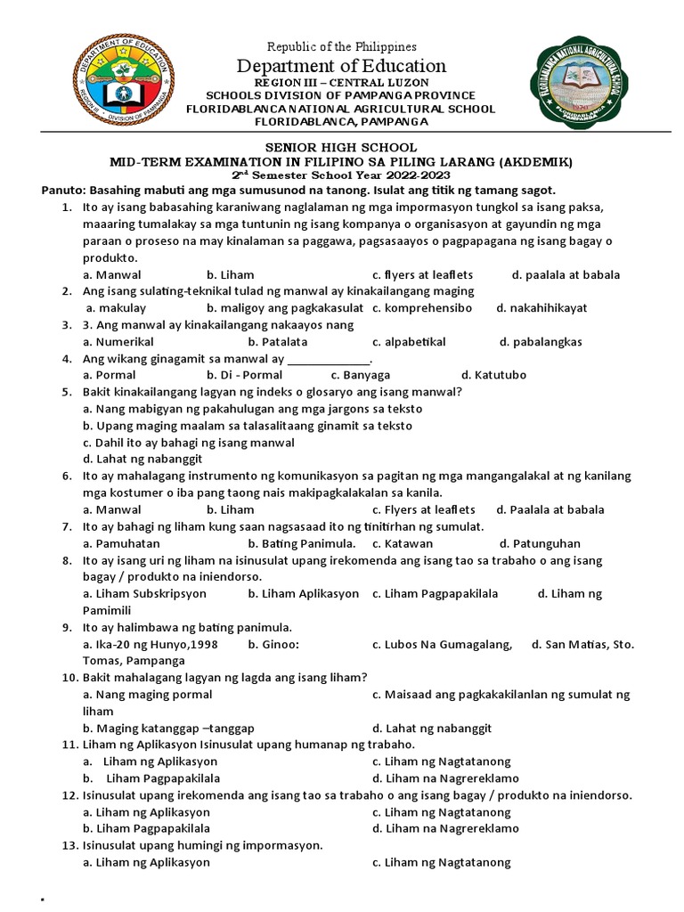 Piling Larang Tech-Voc Midterm 22-23 | PDF