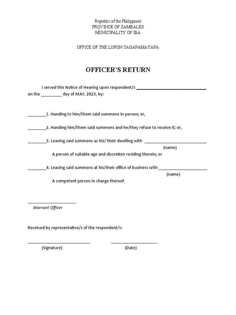 Officer's Return for Hearing Notice | PDF