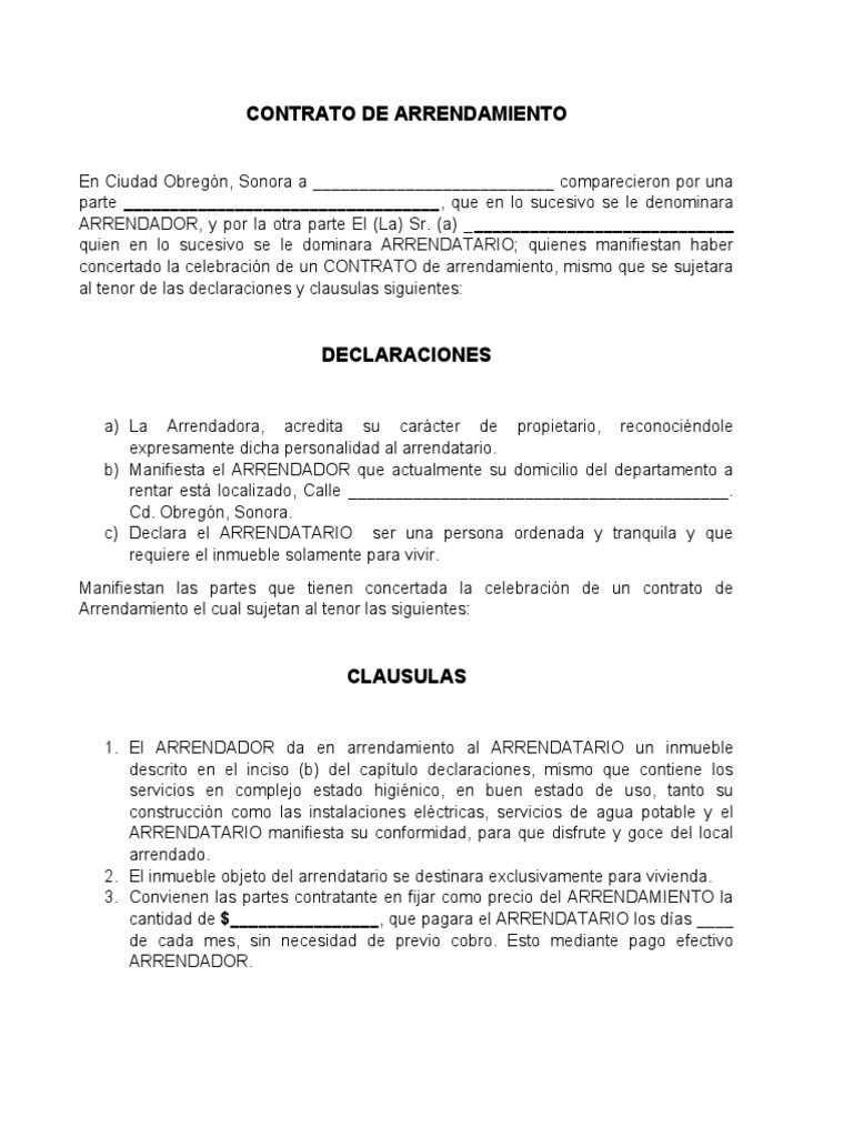 Contrato de Arrendamiento en Blanco | PDF | Economias