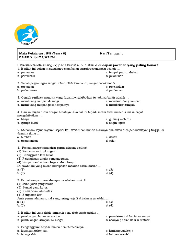Soal Tematik Kelas 5 Tema 6 Mapel IPS | PDF