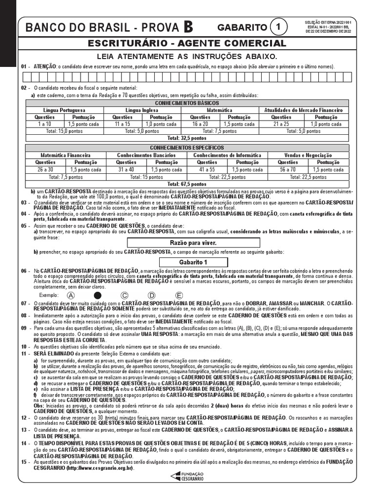 Prova B Agente Comercial Gabarito 2023 | PDF