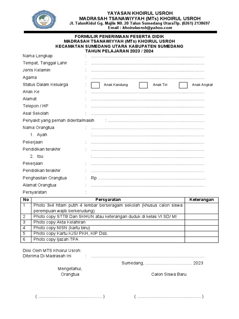 Formulir PPDB MTS 2023-2024 | PDF