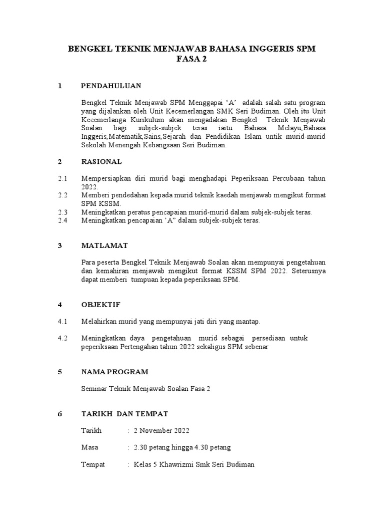 Kertas Kerja Bengkel Teknik Menjawab BAHASA INGGERIS | PDF