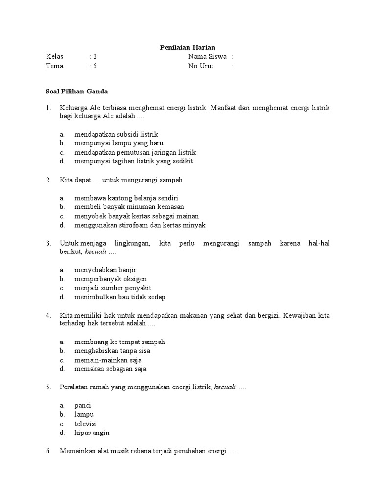 Soal PH Kelas 3 Tema 6 | PDF