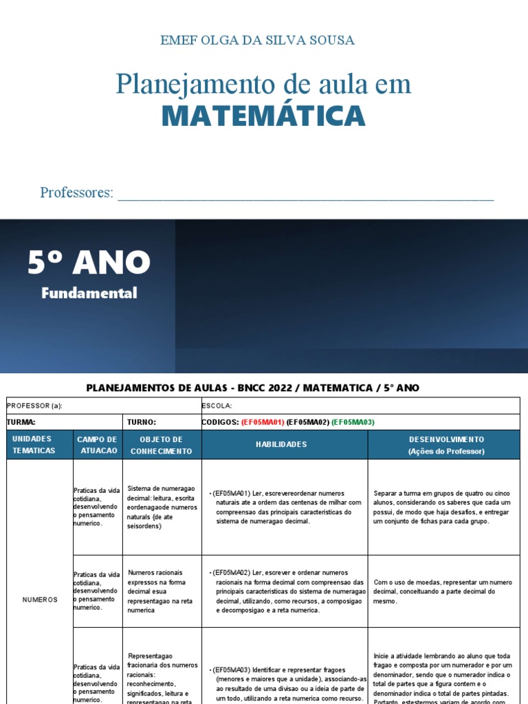 Planejamento Mat 5º Ano | PDF | Decimal | Número racional