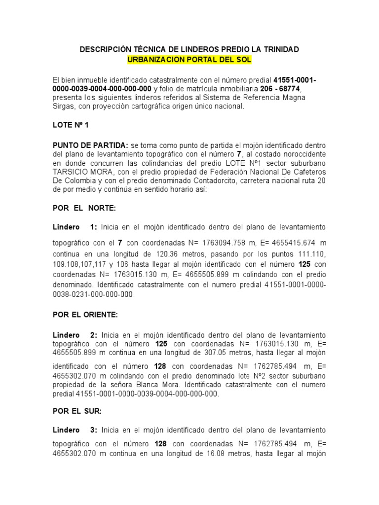 DESCRIPCION LINDEROS TECNICOS PREDIO LA TRINIDAD Completo | PDF | Espacio