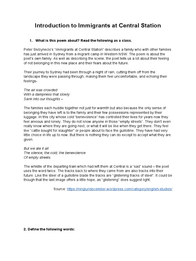 Introduction to Immigrants at Central Station | PDF