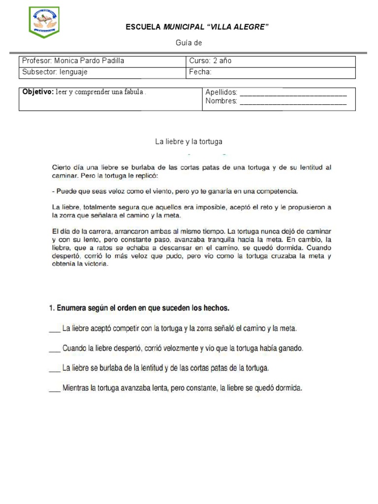 Fábula: La liebre y la tortuga | PDF