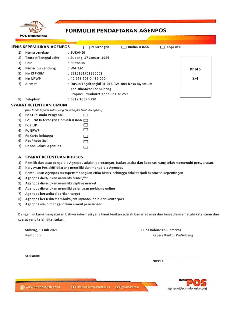 Permohonan Agen Pos Indonesia | PDF