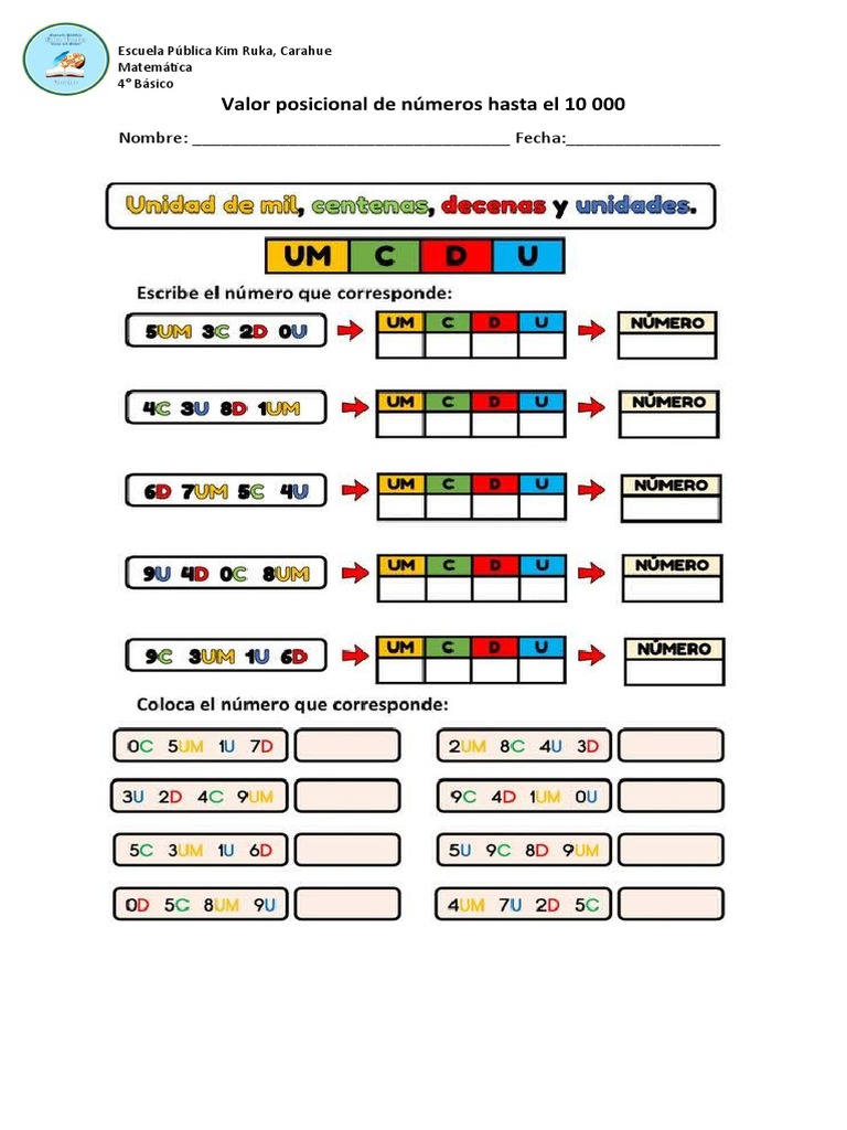 Ejercicios de valor posicional 4° básico | PDF | Métodos y materiales de enseñanza