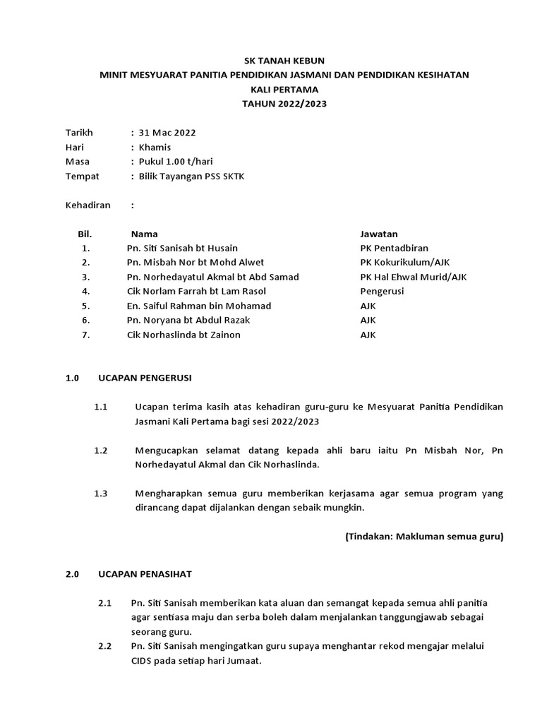 Minit Mesyuarat PJPK Kali-1 2022-2023 | PDF